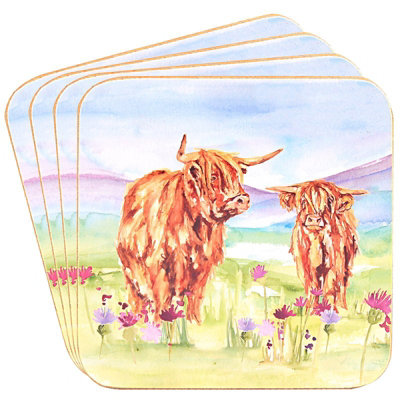 Highland Cow Coasters Set 4 Farmhouse Country Drinks Mat Dining Rustic ...
