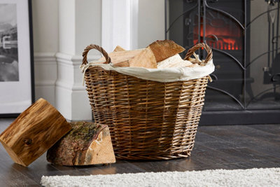 Highlands Rustic Large Round Brown Linen Wicker Fireside Log Basket ...