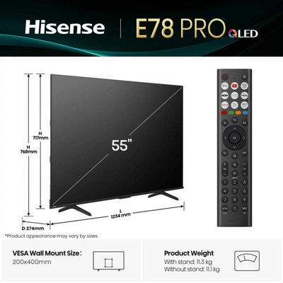 Hisense 55E78QTUK PRO 55 Inch QLED 4K Smart TV Dolby Vision HDR10 Plus ...