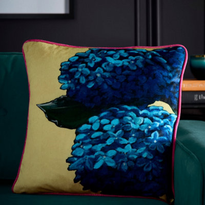 Hiyah Hydrange Hydrangea Blooms Print Lime Velvet Filled Cushion