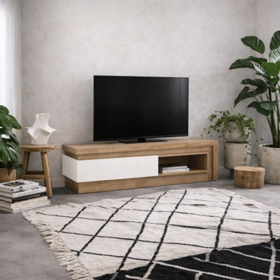 Hjorring Natural Oak Wood and White 1-Drawer TV Cabinet with Open Shelf
