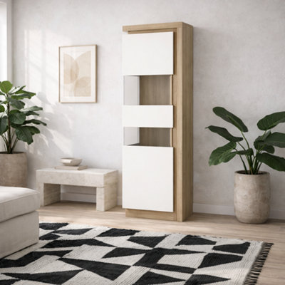 Hjorring Tall Narrow Display Cabinet in White Gloss and Natural Oak