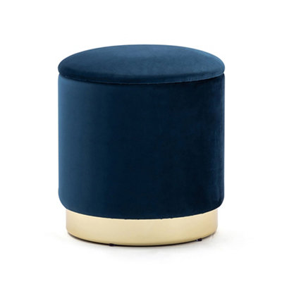 HNNHOME 37cm Round Dark Blue Velvet Ottoman Storage Box with Lid,Pouffe ...