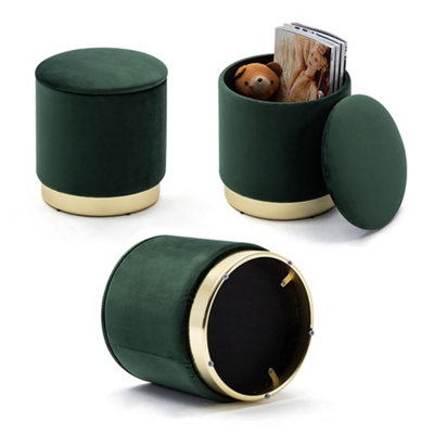 HNNHOME 37cm Round Dark Green Velvet Ottoman Storage Box with Lid ...