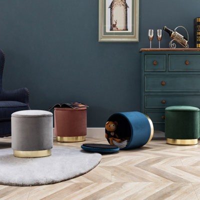HNNHOME 37cm Round Dark Green Velvet Ottoman Storage Box with Lid ...
