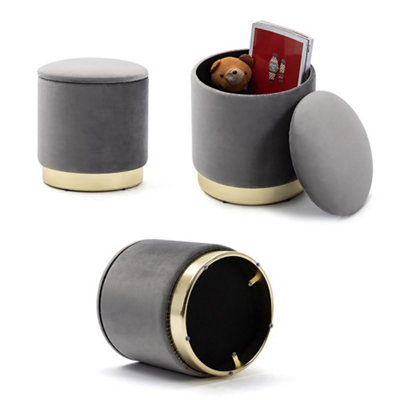 HNNHOME 37cm Round Grey Velvet Ottoman Storage Box with Lid,Pouffe Seat ...