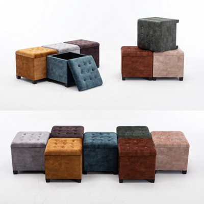 HNNHOME 45cm Dark Green Cube Cloud Velvet Padded Seat Ottoman Storage ...
