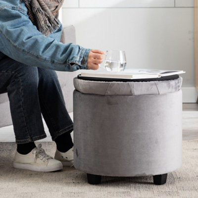 HNNHOME 45cm Round Grey Velvet Padded Seat Ottoman Storage Stool Box ...