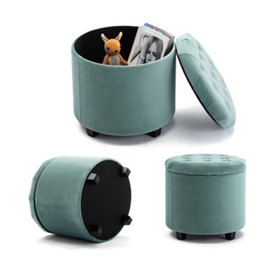 HNNHOME 45cm Round LIGHT GREEN Velvet Padded Seat Ottoman Storage Stool ...