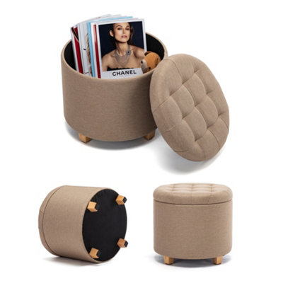 HNNHOME 45cm Round Linen Padded Seat Ottoman Storage Stool Box Footstool Pouffes Chair with Lids Beige