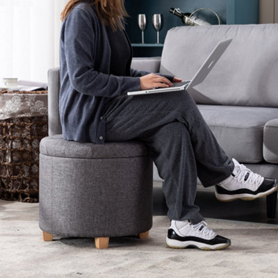 HNNHOME 45cm Round Linen Padded Seat Ottoman Storage Stool Box ...