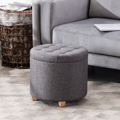 HNNHOME 45cm Round Linen Padded Seat Ottoman Storage Stool Box ...