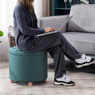 HNNHOME 45cm Round Linen Padded Seat Ottoman Storage Stool Box ...