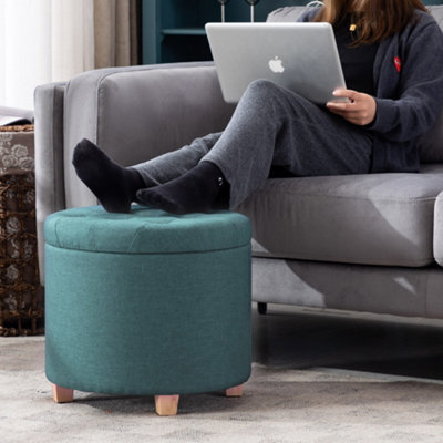 HNNHOME 45cm Round Linen Padded Seat Ottoman Storage Stool Box ...