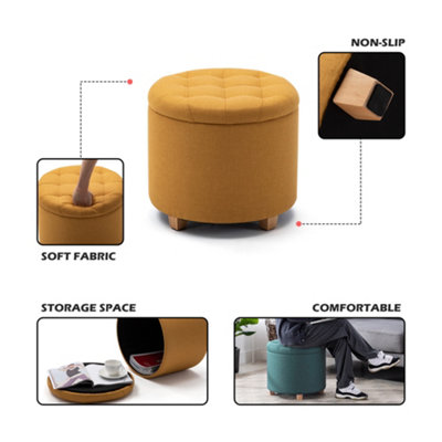 HNNHOME 45cm Round Linen Padded Seat Ottoman Storage Stool Box ...