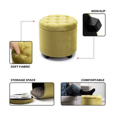 HNNHOME 45CM ROUND YELLOW VELVET PADDED SEAT OTTOMAN STORAGE STOOL BOX ...
