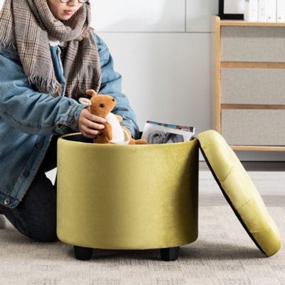 HNNHOME 45CM ROUND YELLOW VELVET PADDED SEAT OTTOMAN STORAGE STOOL BOX ...