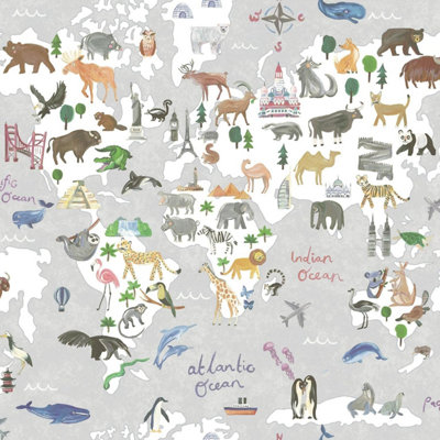 Holden Decor Animal Map Grey Kids Wallpaper World Continents Landmarks ...