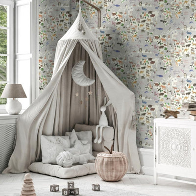 Holden Decor Animal Map Grey Kids Wallpaper World Continents Landmarks ...