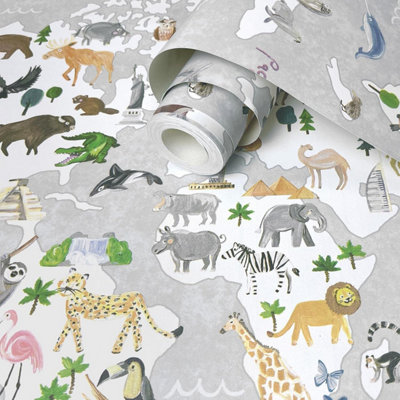 Holden Decor Animal Map Grey Kids Wallpaper World Continents Landmarks ...
