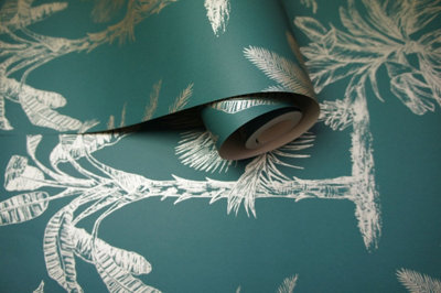Holden Decor Glistening Tropical Tree Teal Linear Tree Smooth Wallpaper