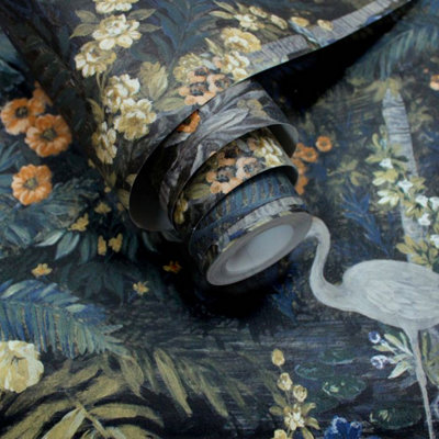 Holden Decor Jungle Paradise Navy Spongeable Flat Surface Wallpaper 13180