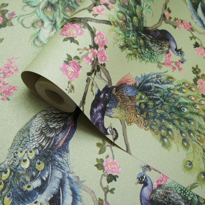 Holden Decor Menali Peacock Design Green Glitter Texture Surface ...