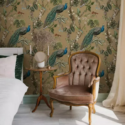 HOLDEN DECOR METALLIC PEACOCK WOODS GOLD WALLPAPER 13683