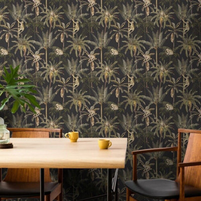 Holden Decor Monkey Oasis Charcoal Wallpaper 13700
