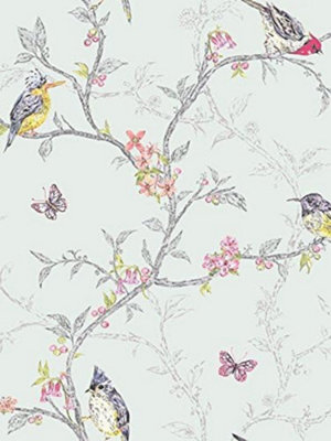 Holden Decor Phoebe Birds White Soft Teal Wallpaper 98083