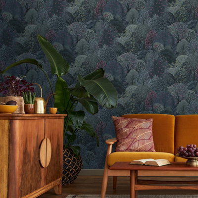 Holden Decor Tree Tapestry Navy Berry Wallpaper Woodland Floral Feature ...