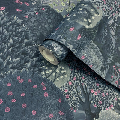 Holden Decor Tree Tapestry Navy Berry Wallpaper Woodland Floral Feature ...