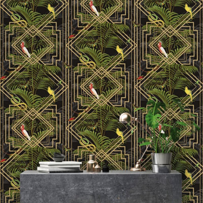 Holden Decor Tropical Congo Geometric Black Wallpaper 90202