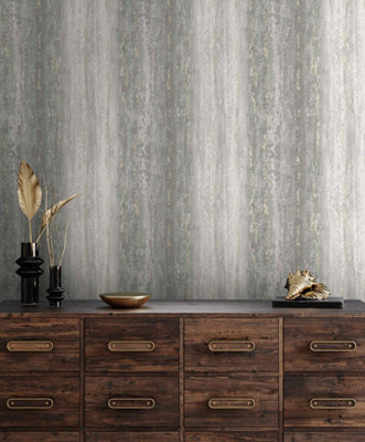 Holden Distressed Stripe Charcoal Metallic Wallpaper 66240
