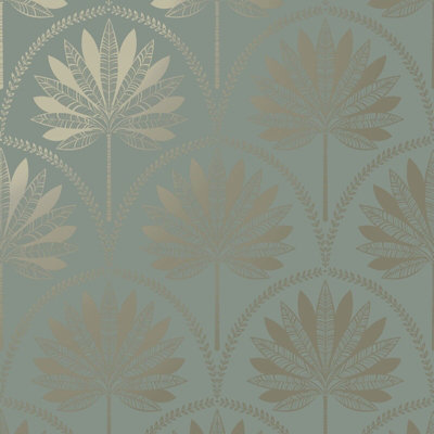 Holden Dusky Blue Metallic Gold Teal Tropical Palm Tree Leaves Feature ...