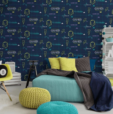 HOLDEN GAMER WALLPAPER RETRO GAMING NAVY BLUE/NEON YELLOW 13310