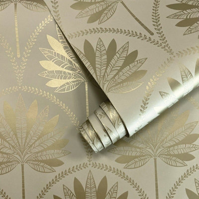 Holden Neutral Cream Metallic Gold Tropical Palm Tree Leaves Feature ...