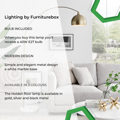 HOLDEN Tall Gold Metal Floor Standing Arc Lamp Light With White Marble ...