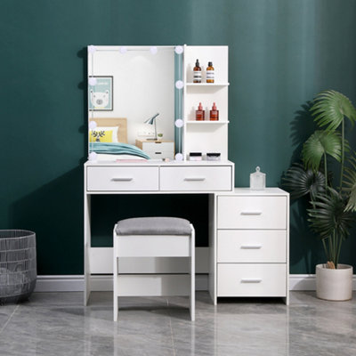 Hollywood-style MDF Dressing Table Set with Large Lighted Mirror in White