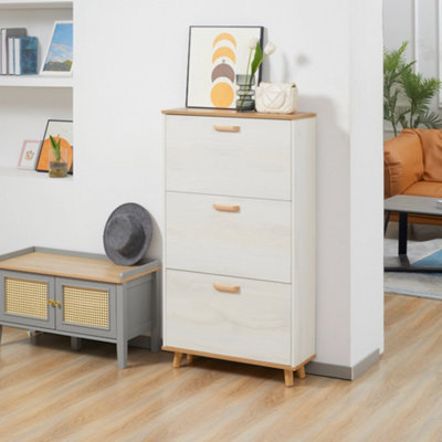 HOMCOM 12 Pair Slim Shoe Cabinet w/ 3 Flip Drawers for Entryway, Cream