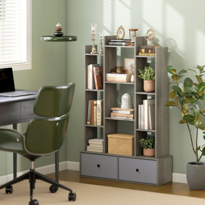 HOMCOM 12-Tier Bookshelf, Bookcase w/ 2 Folding Drawer, Graphite Wood ...