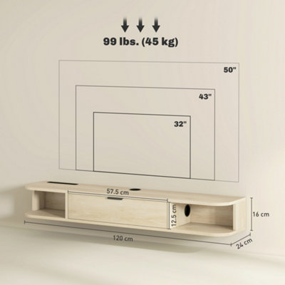 HOMCOM 120 cm Floating TV Unit with Flip Drawer and Shelves, Natural