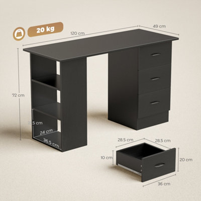 HOMCOM 120cm PC Table Workstation Computer Desk w/ Drawers, 3 Shelves Black