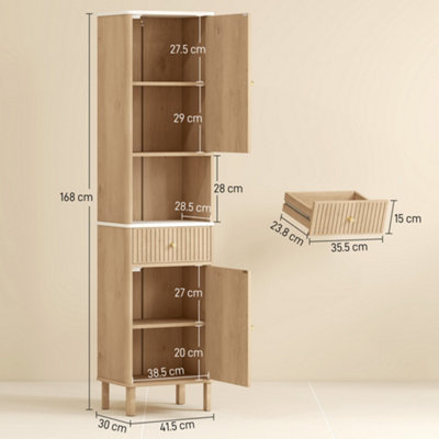 HOMCOM 168 cm Tall Bathroom Cabinet with Drawer and Adjustable Shelves, Oak
