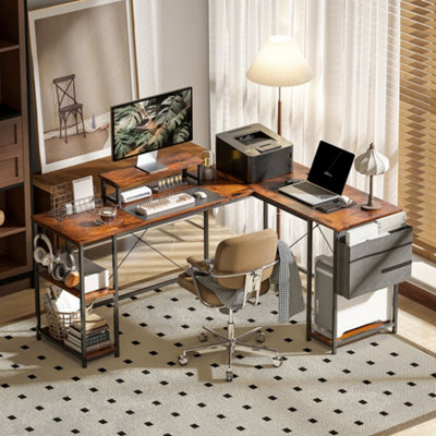 HOMCOM 168cm Reversible L Shaped Desk, 240cm Two Person Desk, Rustic Brown