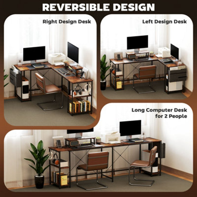HOMCOM 168cm Reversible L Shaped Desk, 240cm Two Person Desk, Rustic Brown