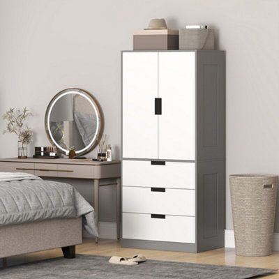 HOMCOM 2 Door Wardrobe Modern Wardrobe with 3 Drawer and Hanging Rod, Grey