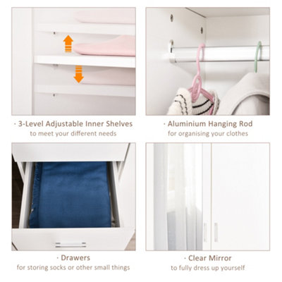 HOMCOM 2-Door Wardrobe w/ Adjustable Shelf 3 Drawers for Bedroom, 180cm ...