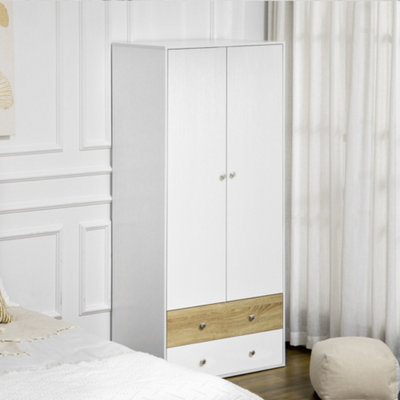 HOMCOM 2 Door Wardrobe White Wardrobe with Drawers and Hanging Rod for ...
