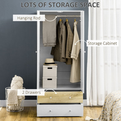 HOMCOM 2 Door Wardrobe White Wardrobe with Drawers and Hanging Rod for ...